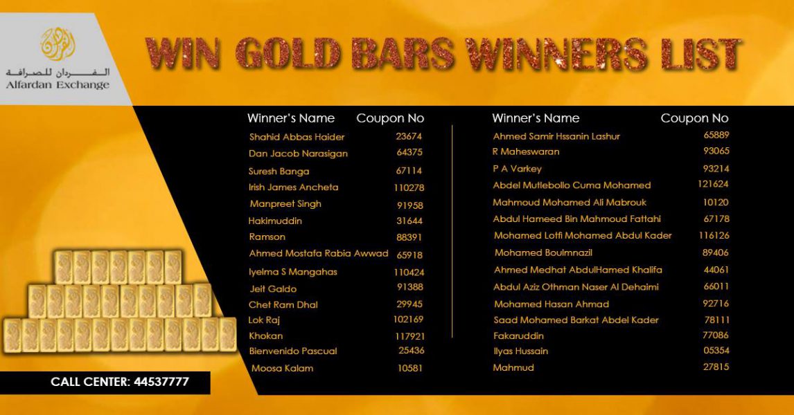 Win Gold Bars Winners List – Alfardan Exchange